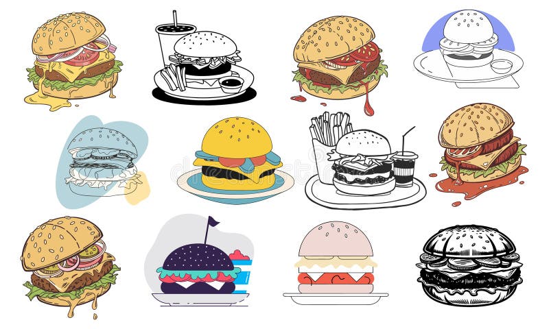Creative Burger Illustrations with Vibrant and Minimalist Styles Stock ...