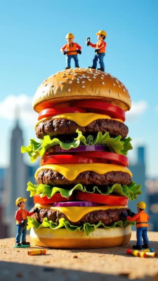 Creative Burger Tower with Construction Workers Overseeing the Build ...