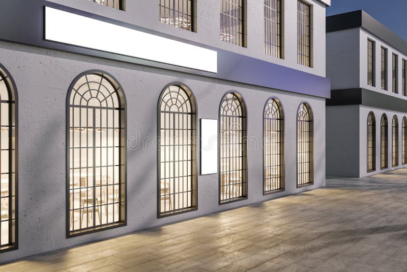 Creative Business Center Exterior with Empty Wide Mock Up Sign, Windows ...