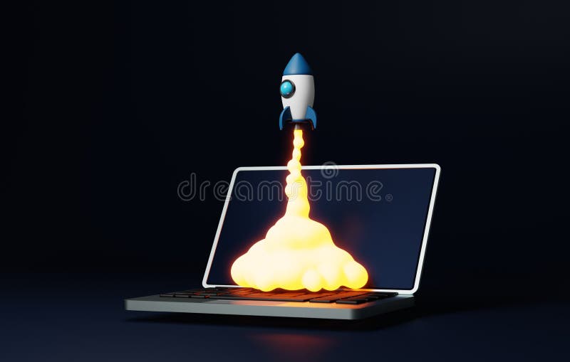 Creative Business Launch Rocket Soaring from Laptop Futuristic, 3D ...