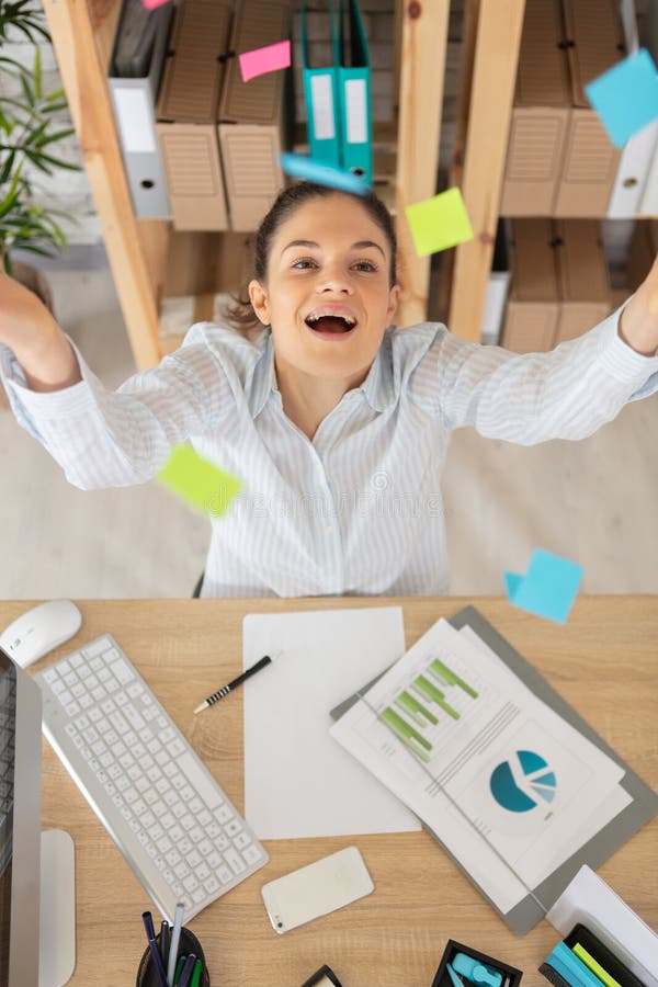 Creative Business Woman Throwing Post it Paper in Air Stock Image ...