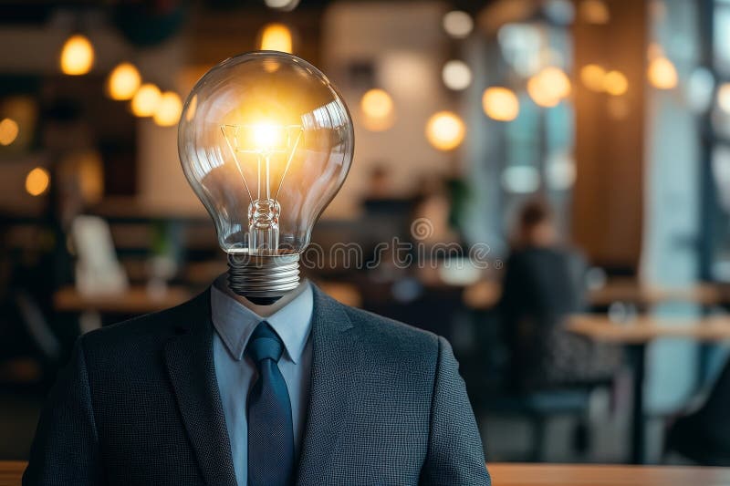 Creative Businessman Portrait Light Bulb Head Symbolizing Ideas in Modern Office Cafe Setting ...