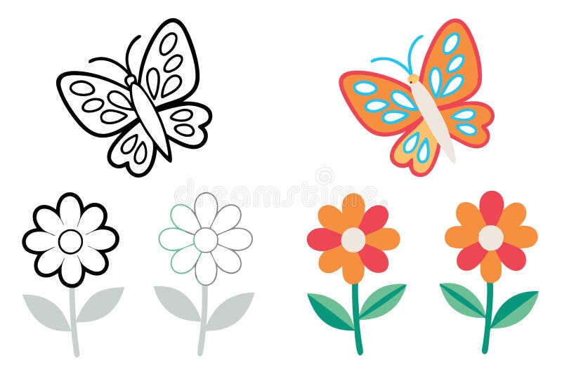 Creative Butterfly and Flower Designs in Outlined and Colorful Styles ...