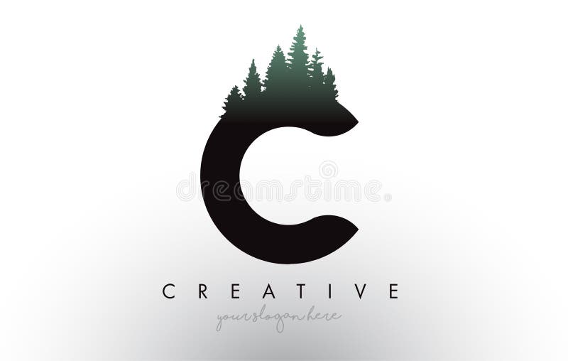 Creative C Letter Logo Idea with Pine Forest Trees. Letter C Design ...