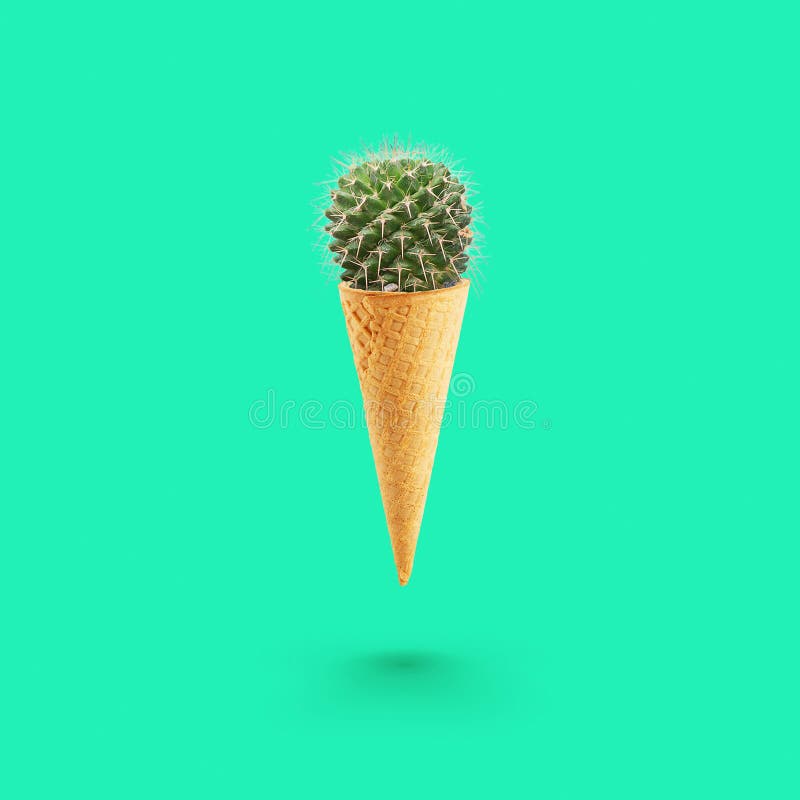 Creative Cactus Ice Cream. Cactus in a Waffle Cone on a Green ...