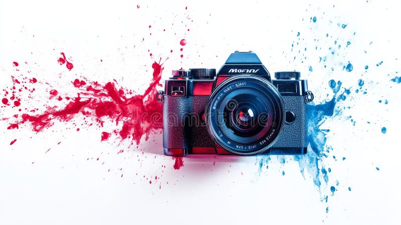 Creative Camera Art with Red and Blue Paint Splatter in Double Exposure ...