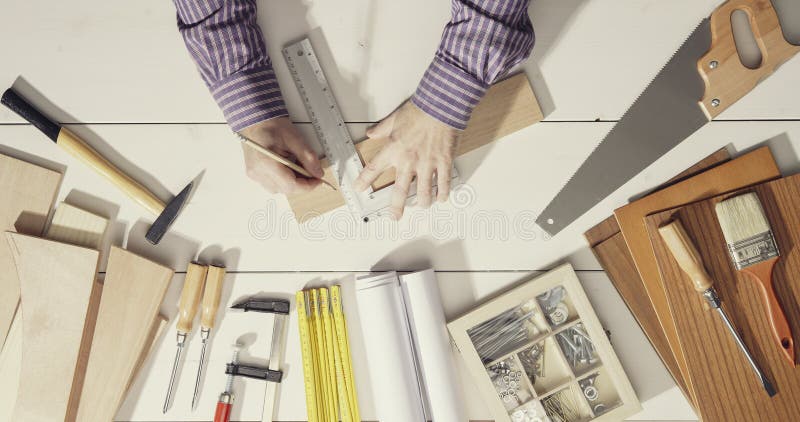 Creative Carpenter and Designer Working at Desk Stock Image - Image of ...
