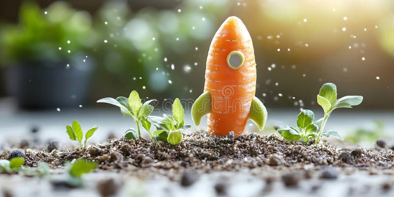 Creative Carrot Rocket Standing in Soil Surrounded by Green Sprouts ...