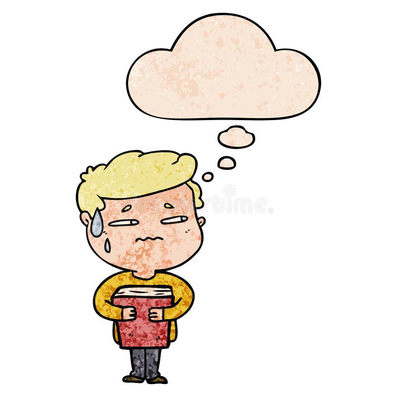 A Creative Cartoon Anxious Boy Carrying Book and Thought Bubble in ...