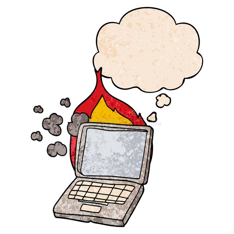 A Creative Cartoon Broken Laptop Computer and Thought Bubble in Grunge ...