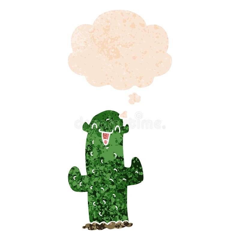 A Creative Cartoon Cactus and Thought Bubble in Retro Textured Style ...
