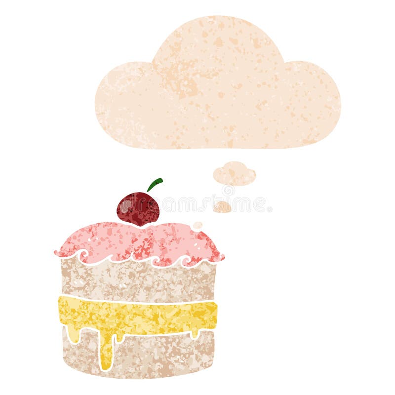 A Creative Cartoon Cake and Thought Bubble in Retro Textured Style ...