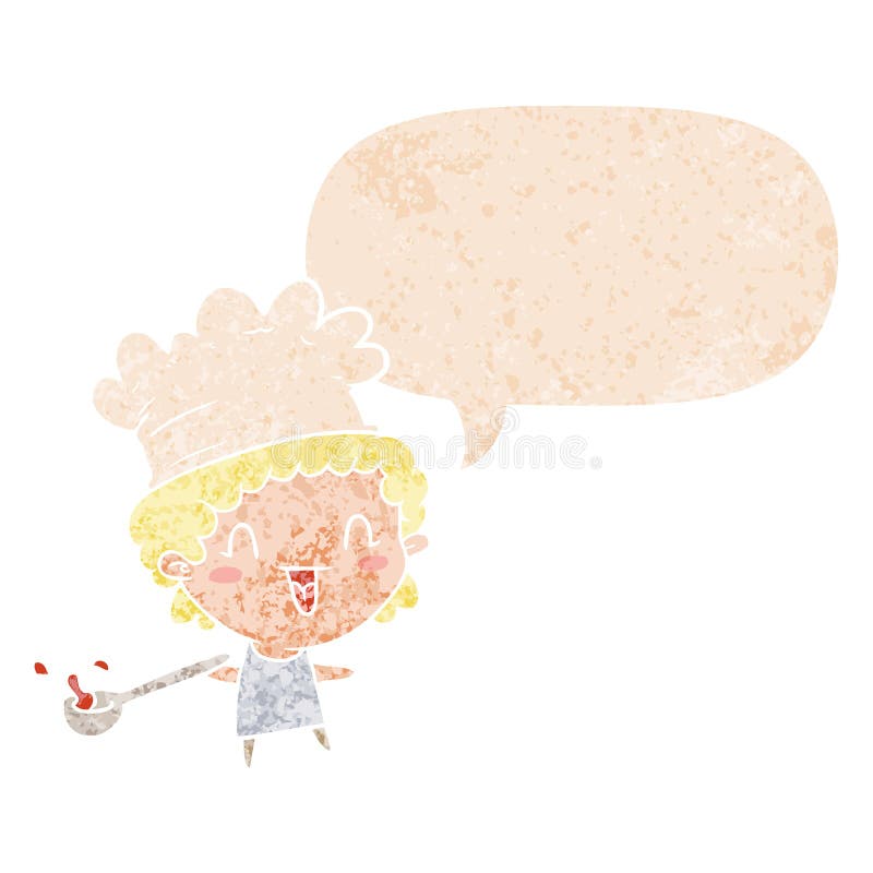 A Creative Cartoon Chef and Speech Bubble in Retro Textured Style Stock ...