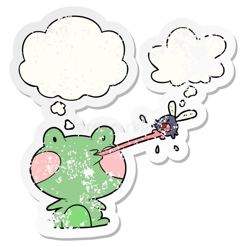 A Creative Cartoon Frog Catching Fly and Thought Bubble As a Distressed ...