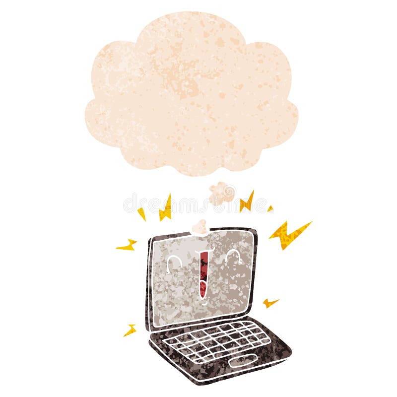 A Creative Cartoon Laptop Computer and Thought Bubble in Retro Textured ...