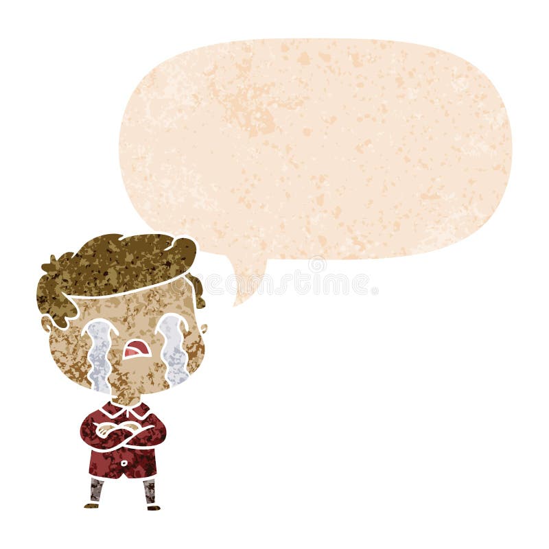 A Creative Cartoon Man Crying and Speech Bubble in Retro Textured Style ...