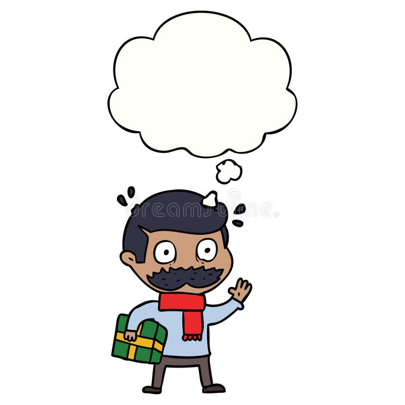 A Creative Cartoon Man with Mustache and Christmas Present and Thought ...