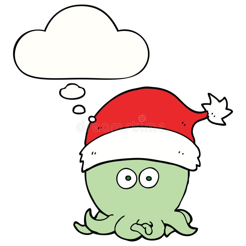 A Creative Cartoon Octopus Wearing Christmas Hat and Thought Bubble ...