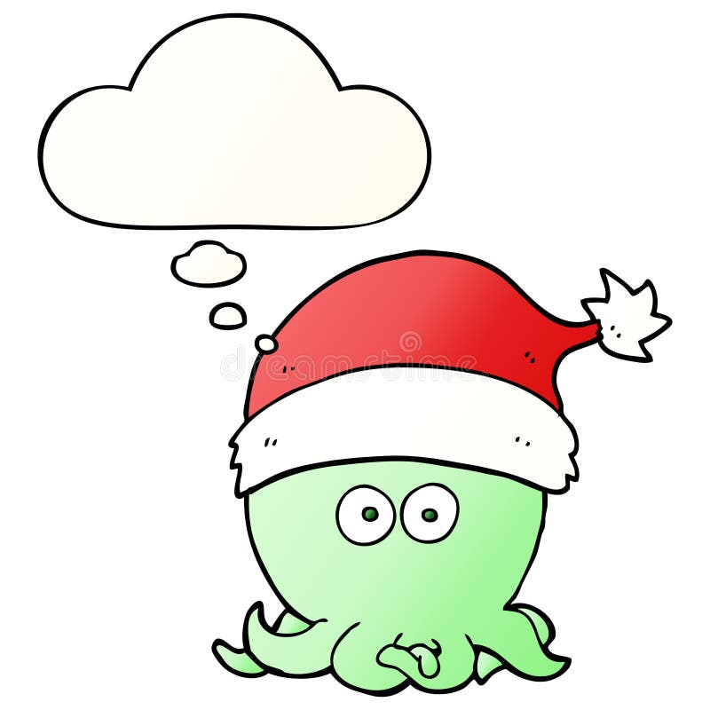 A Creative Cartoon Octopus Wearing Christmas Hat and Thought Bubble in ...