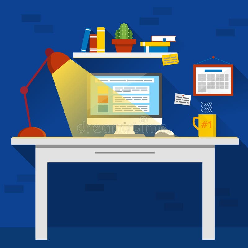 Creative Cartoon Office Workspace with Computer Stock Vector ...