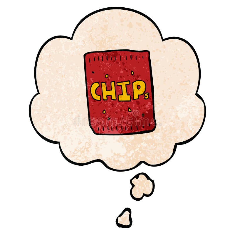 A Creative Cartoon Packet of Chips and Thought Bubble in Grunge Texture ...