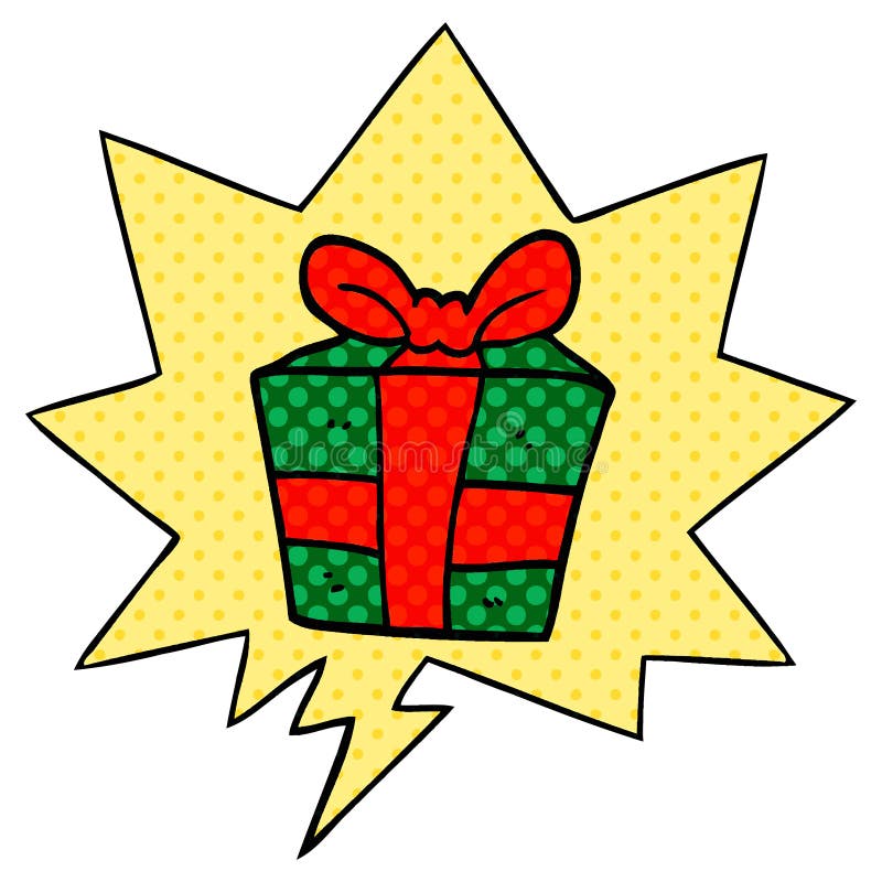 A Creative Cartoon Present and Speech Bubble in Comic Book Style Stock ...