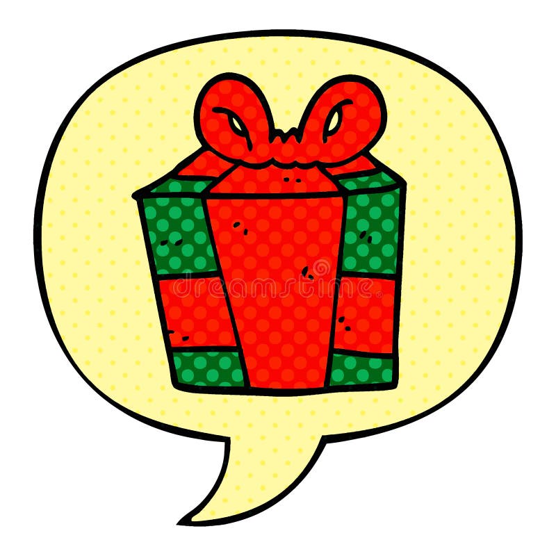 A Creative Cartoon Present and Speech Bubble in Comic Book Style Stock ...