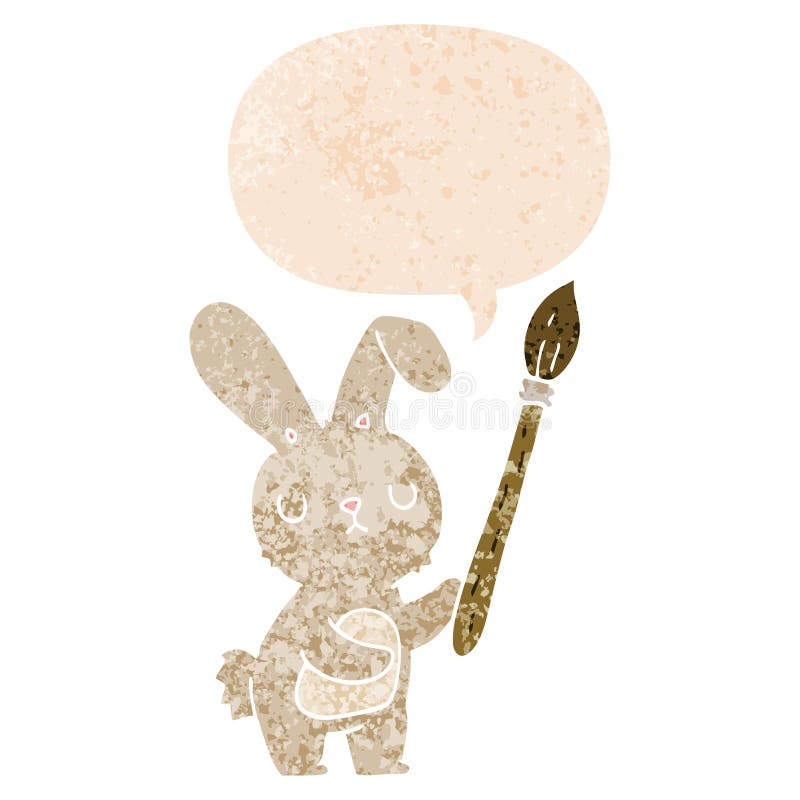 A Creative Cartoon Rabbit with Paint Brush and Speech Bubble in Retro ...