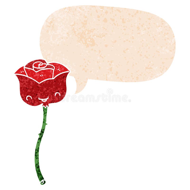 A Creative Cartoon Rose and Speech Bubble in Retro Textured Style Stock ...