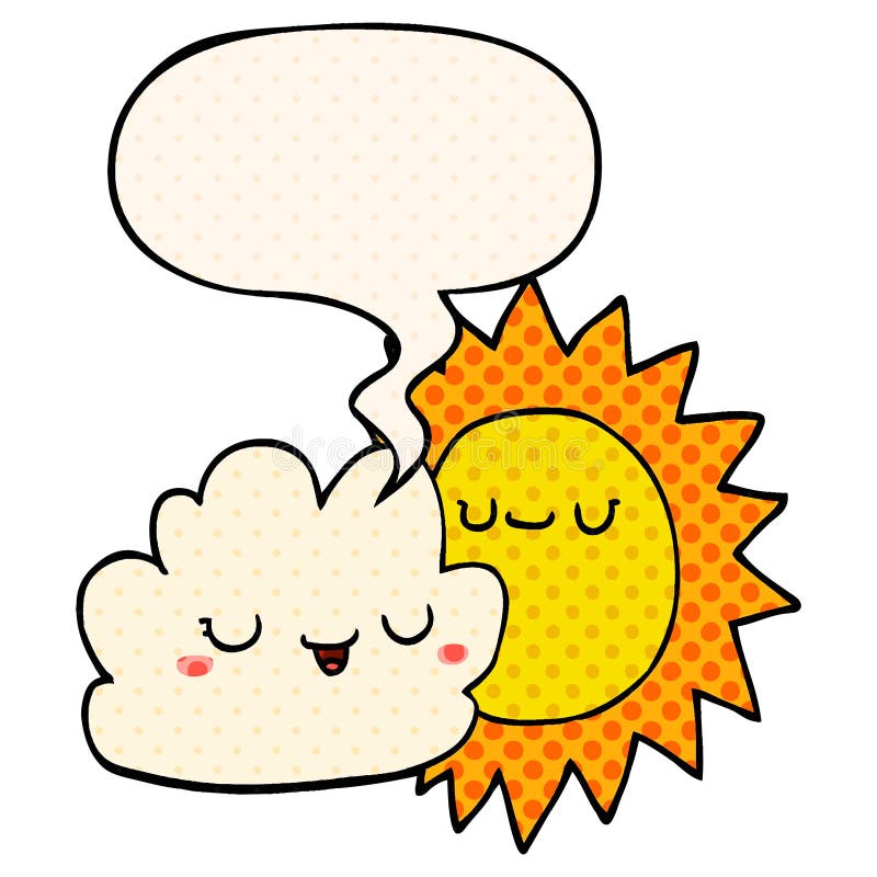 A Creative Cartoon Sun and Cloud and Speech Bubble in Comic Book Style ...