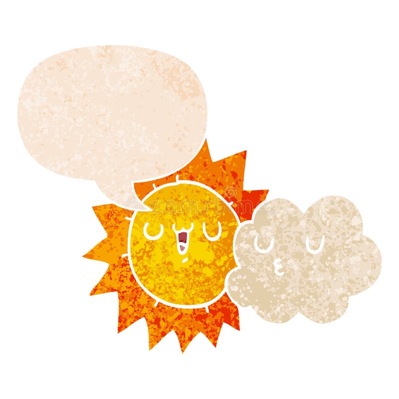 A Creative Cartoon Sun and Cloud and Speech Bubble in Retro Textured ...