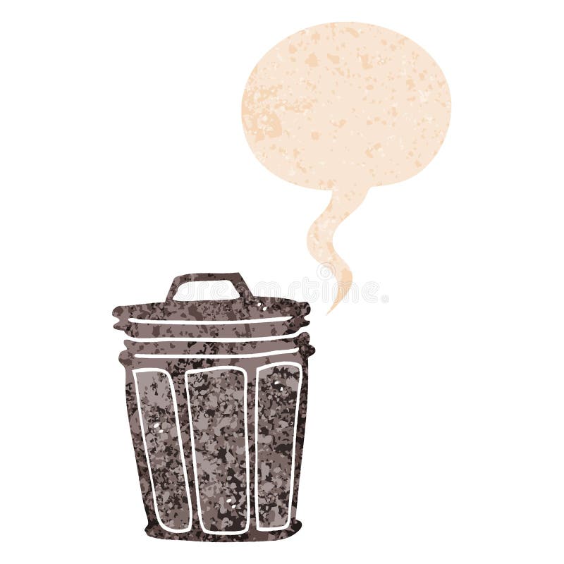A Creative Cartoon Trash Can and Speech Bubble in Retro Textured Style ...