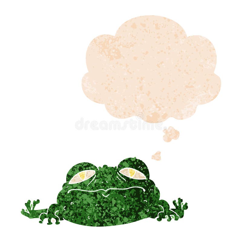 A Creative Cartoon Ugly Frog and Thought Bubble in Retro Textured Style ...