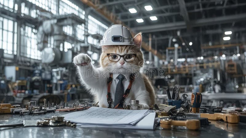 Creative Cat Engineer with Glasses and Hard Hat Concentrating on Tasks ...