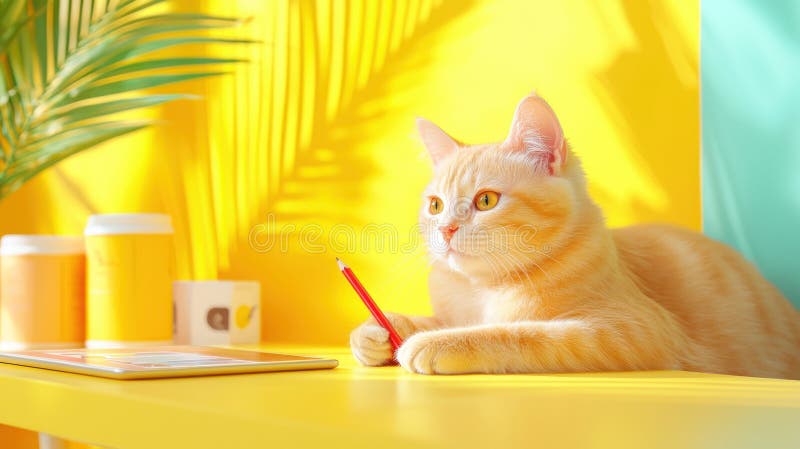 Creative Cat Sitting at Bright Yellow Desk, Looking Thoughtful Stock ...