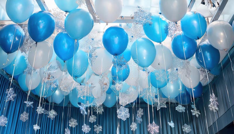 Creative Ceiling Installation Featuring Hanging Blue and White Balloons ...