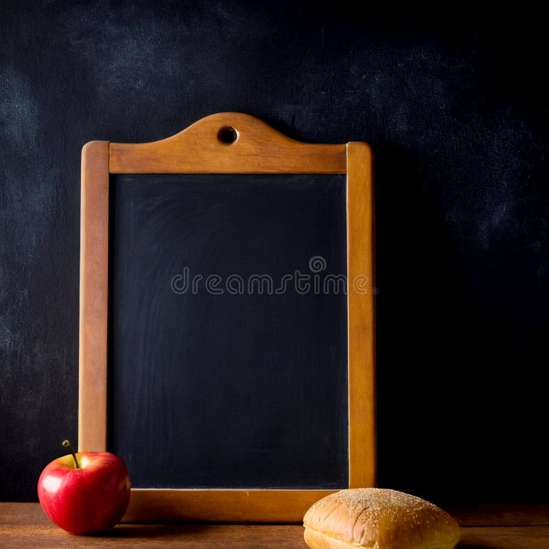 Creative Chalkboard Display with Apple and Bread on Rustic Table Stock ...