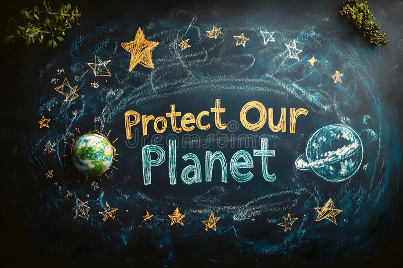 Creative Chalkboard Drawing with Message Protect Our Planet Surrounded ...