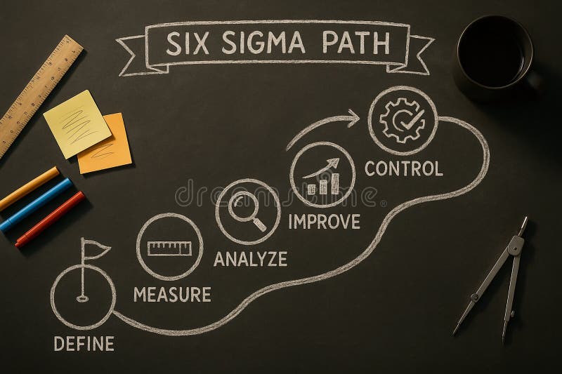 Creative Chalkboard Drawing Showing Six Sigma Path with Define, Measure ...