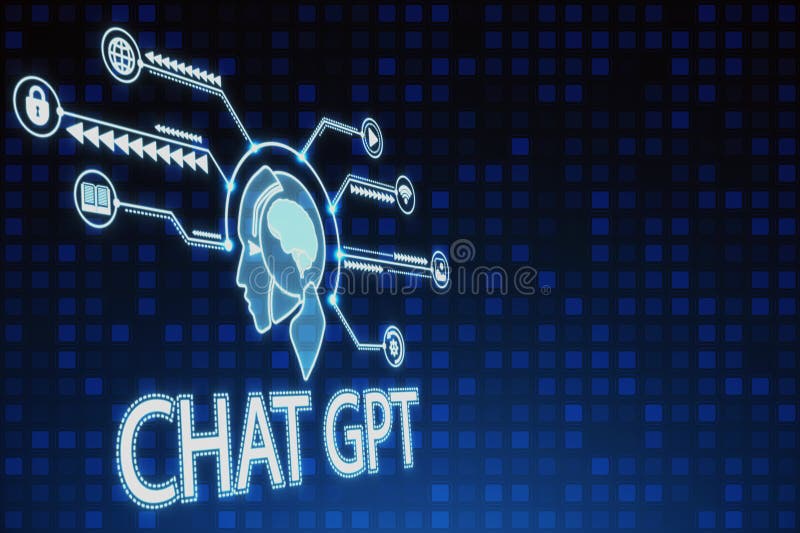 Creative Chat GPT Hologram with Robot Head and Various Icons on Blurry ...