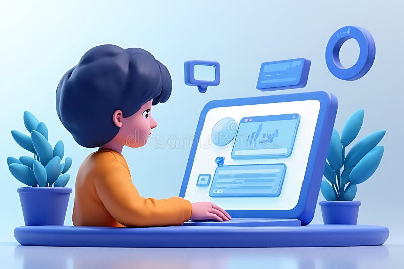 Creative Child Engaged in Digital Learning at Home Illustration Modern ...