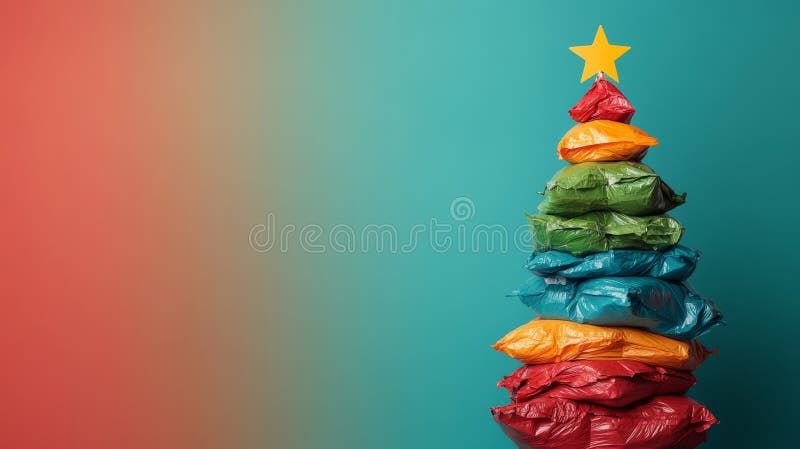 Creative Christmas Concept, Brightly Colored Trash Bags Form a Festive ...