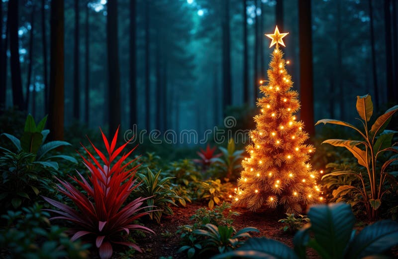 Creative Christmas Tree Layout Installed in Tropical Forest. Glowing ...