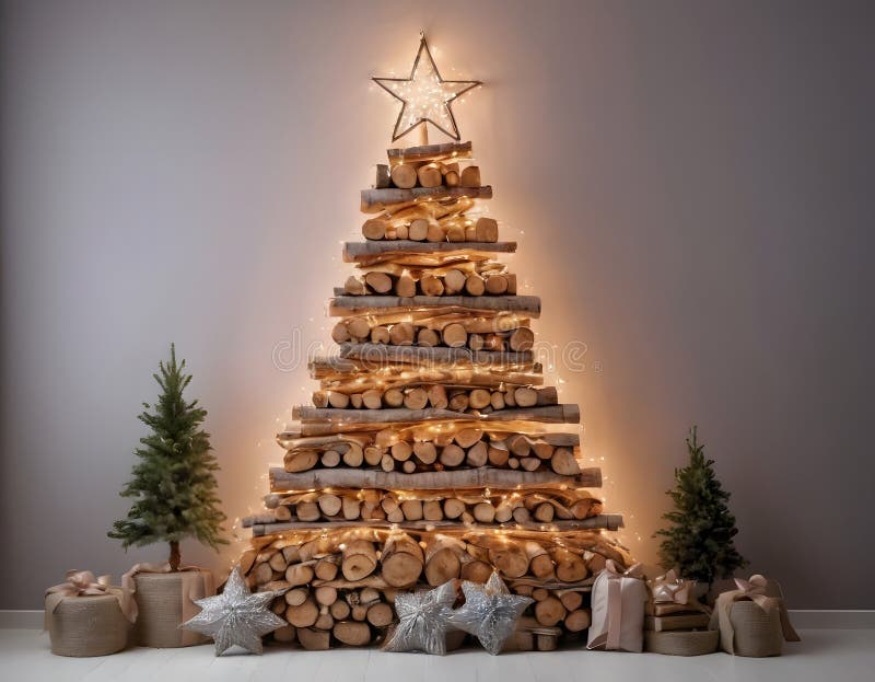 Unique Wooden Christmas Tree Decorated with Lights and a Star in a ...