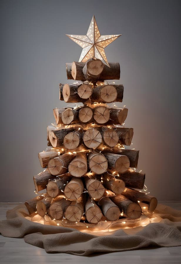 Unique Wooden Christmas Tree Decorated with Lights and a Star in a ...