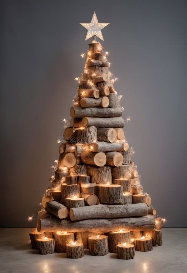 Unique Wooden Christmas Tree Decorated with Lights and a Star in a ...
