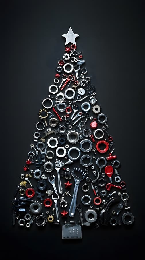 Christmas Tree Made of Tools and Hardware on Black Background Stock ...
