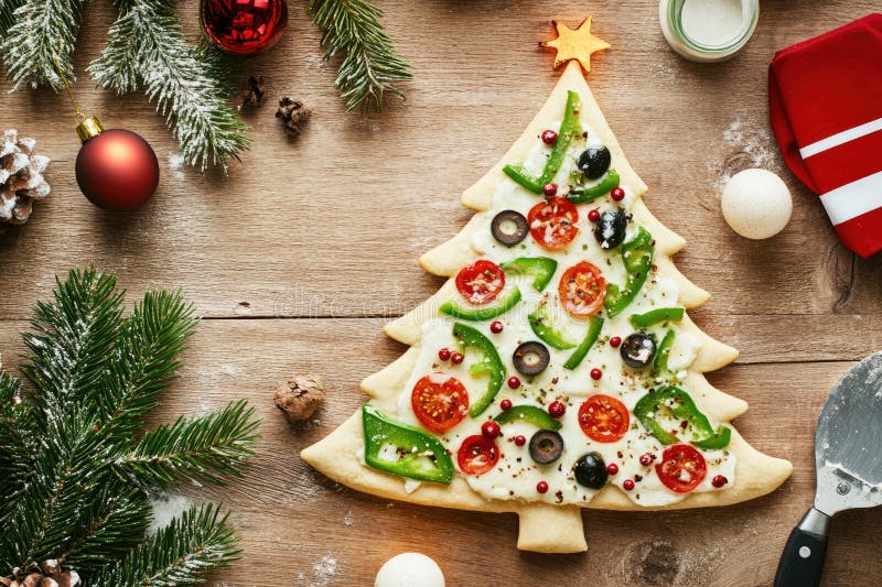 Creative Christmas Tree Shaped Pizza on Rustic Wooden Table with ...