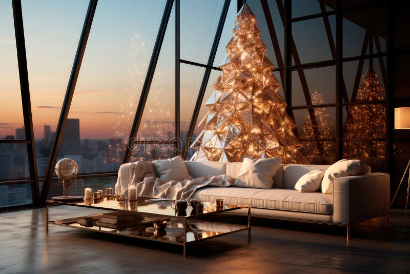 Creative Christmas Tree in a Spacious Living Room with Large Windows in ...
