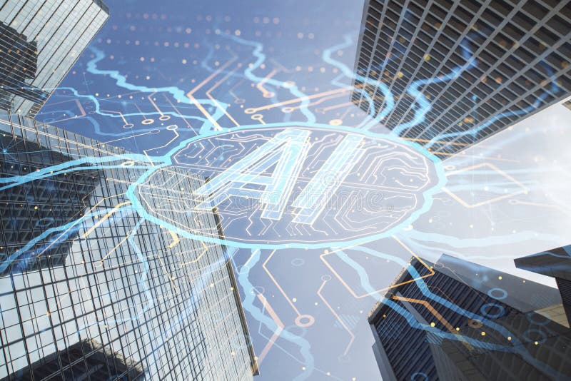 Creative Circuit Brain Hologram on Blurry City Background. AI, Artificial Intelligence, Machine ...